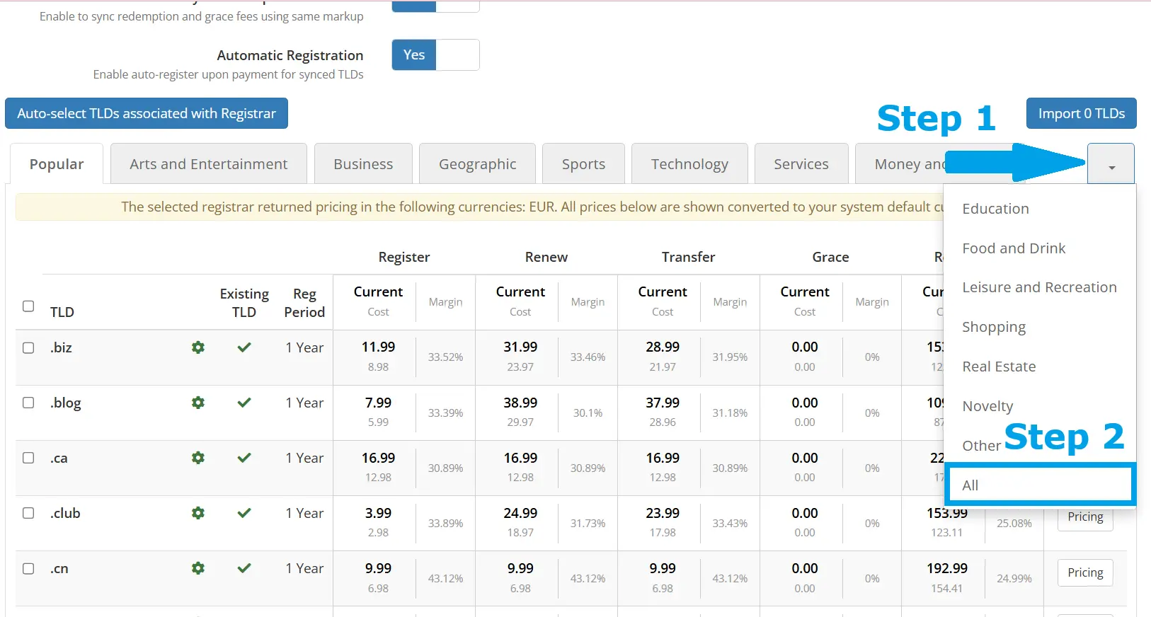 Import All Available Domain TLDs and Pricing for WHMCS Registrar Module ...